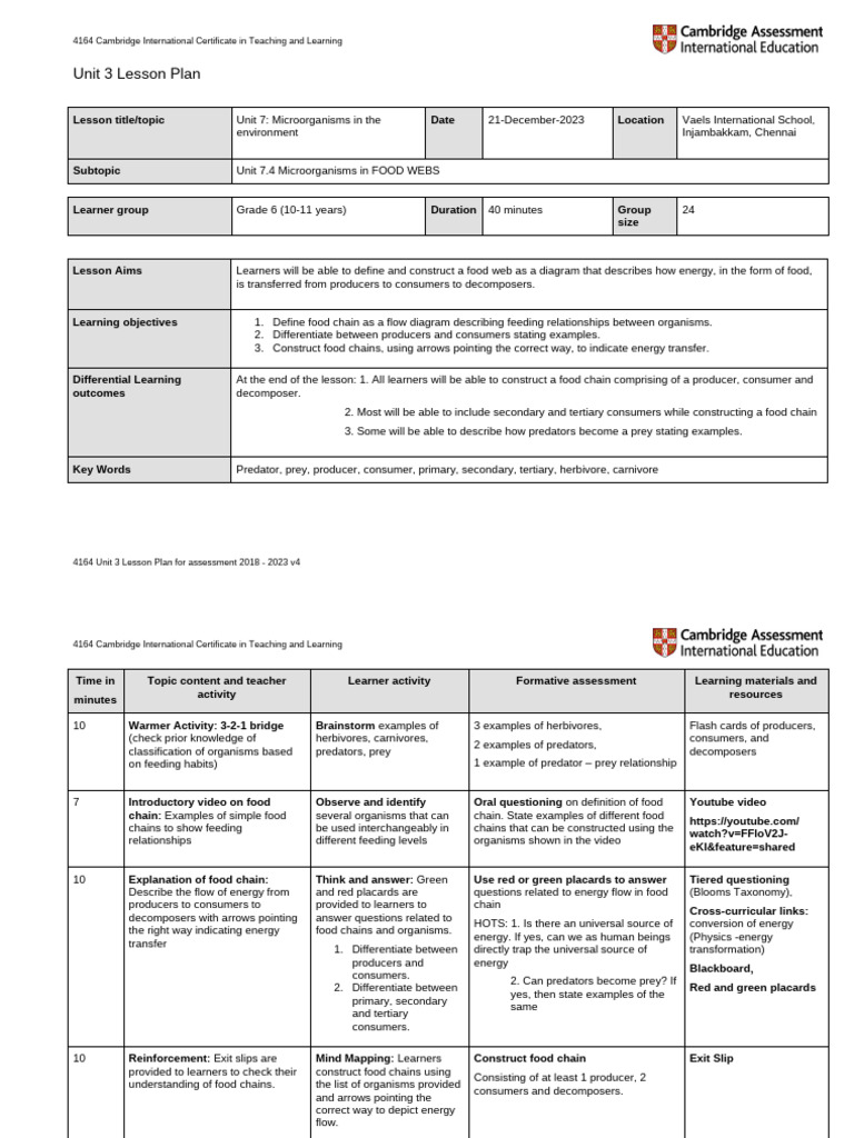 Module 1 Unit 3 Lesson Plan v4 | PDF | Predation | Learning