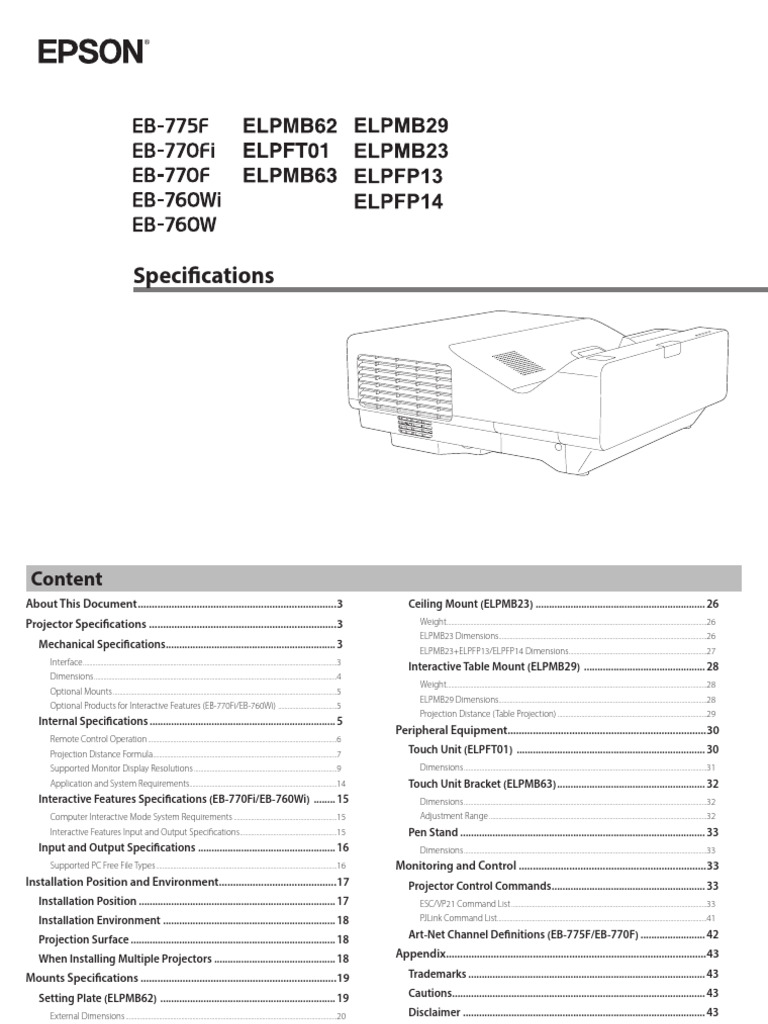 Epson EB-770Fi Projector Specs | PDF | Computer Monitor | Ieee 802.11