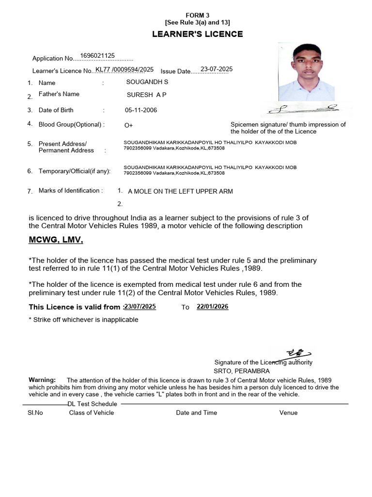 Learner'S Licence: Form 3 (See Rule 3 (A) and 13) | PDF | Vehicles | Driving