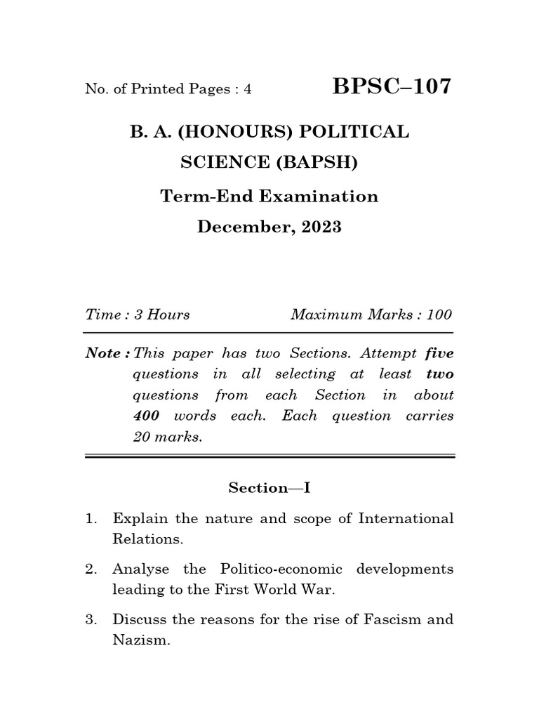 BPSC 107 Exam: International Relations | PDF