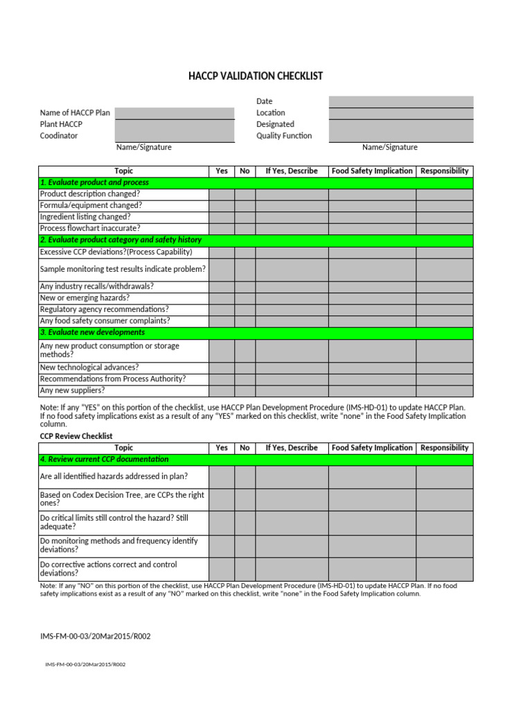 HACCP Validation Checklist Template | PDF