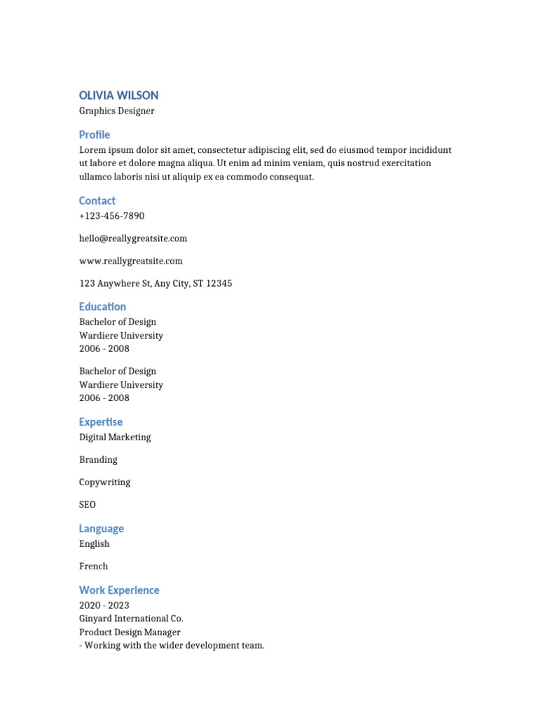 Olivia Wilson Resume Overview | PDF