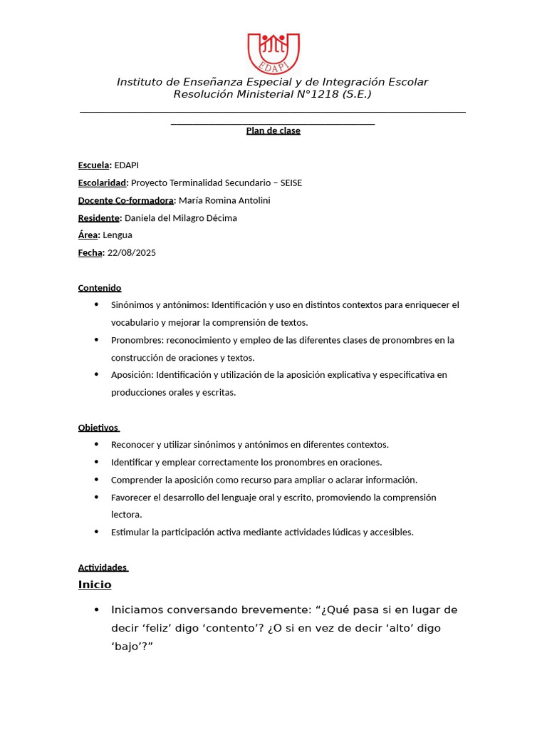 Plan de Clases - Sinónimos, y Antónimos | PDF | Aprendizaje ...