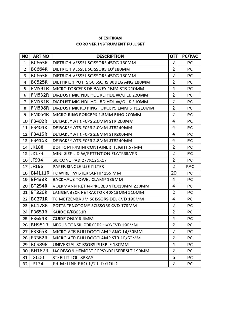 Surgical Instrument Specifications List | PDF
