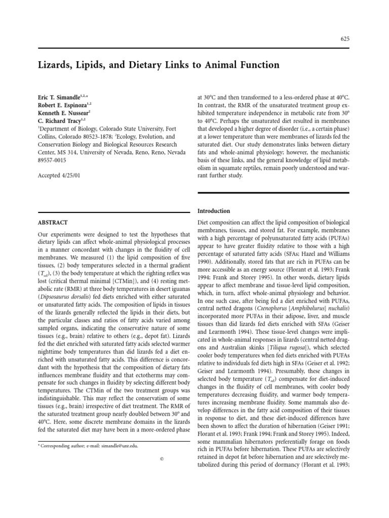 Lizards, Lipids, and Dietary Links To Animal Function (Deleted) | PDF ...