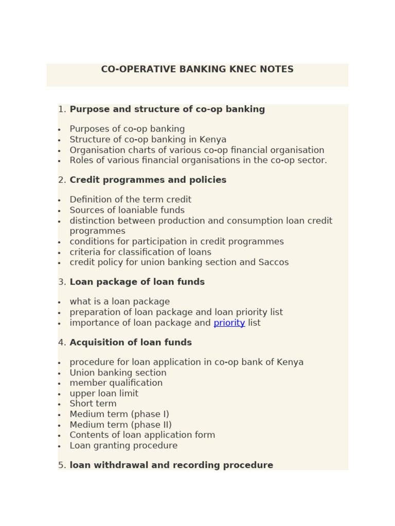 Co-Operative Banking Knec Notes | PDF | Loans | Cooperative