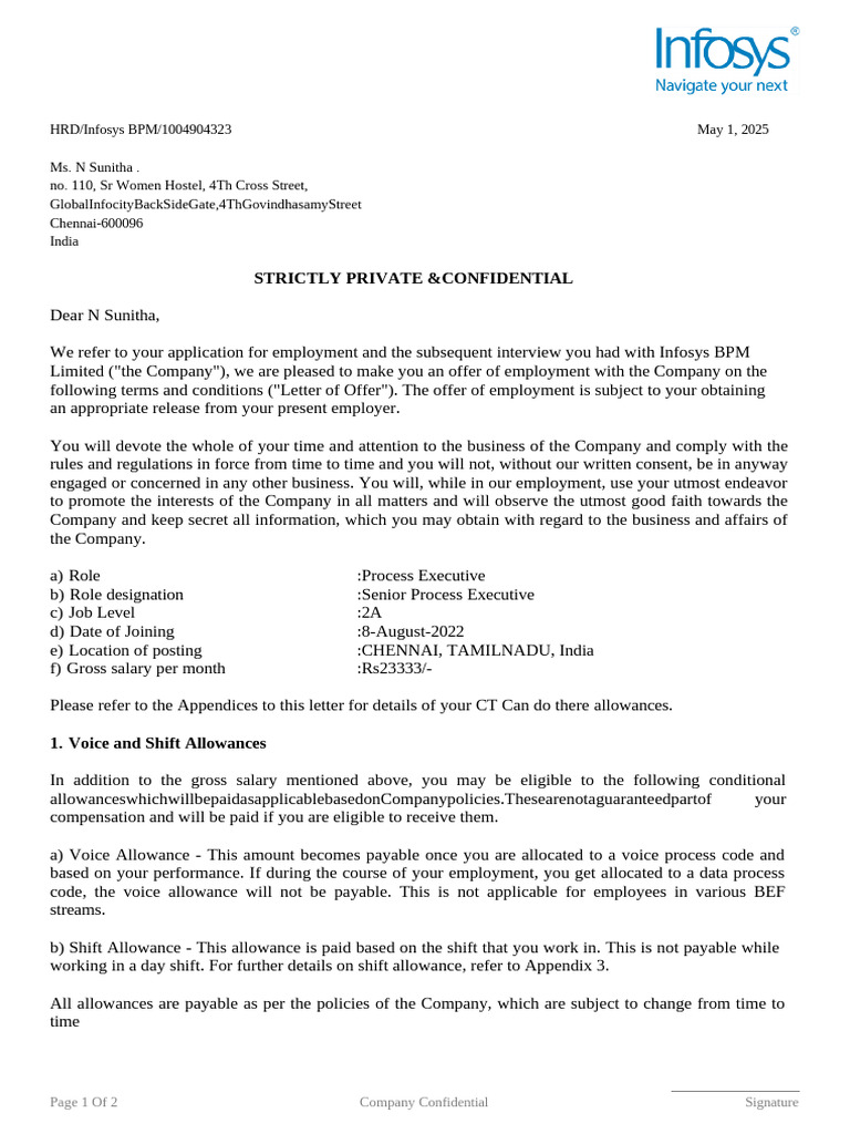 Infosys Offer Letter | PDF | Employment | Economies