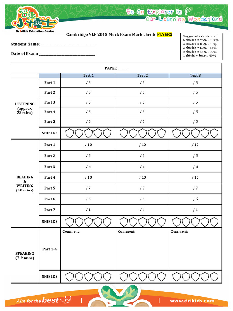 Cambridge YLE Flyers Exam Mark Sheet | PDF