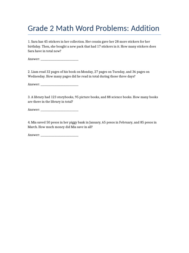 Grade2 Addition Word Problems | PDF
