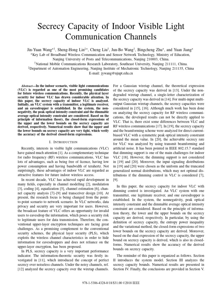 2018 - Secrecy Capacity of Indoor Visible Light Communication Channels ...