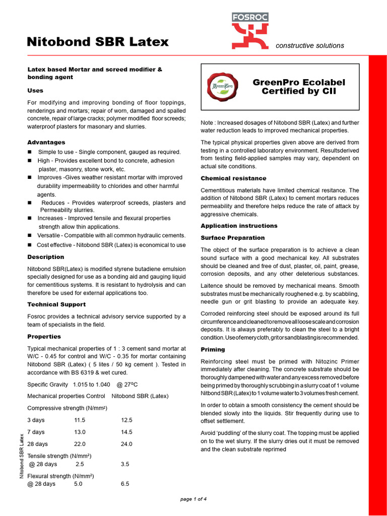 Nitobond SBR Latex Technical Data Sheet | PDF | Concrete | Cement