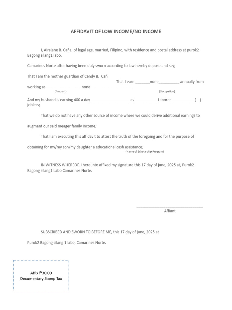 Affidavit of Low/No Income for Assistance | PDF