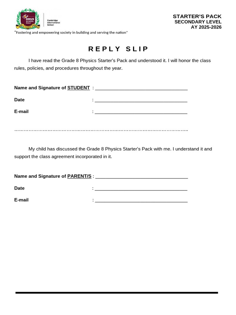 Bisb SP - SL - Ay 25-26 - Reply Slip (Grade 8) | PDF