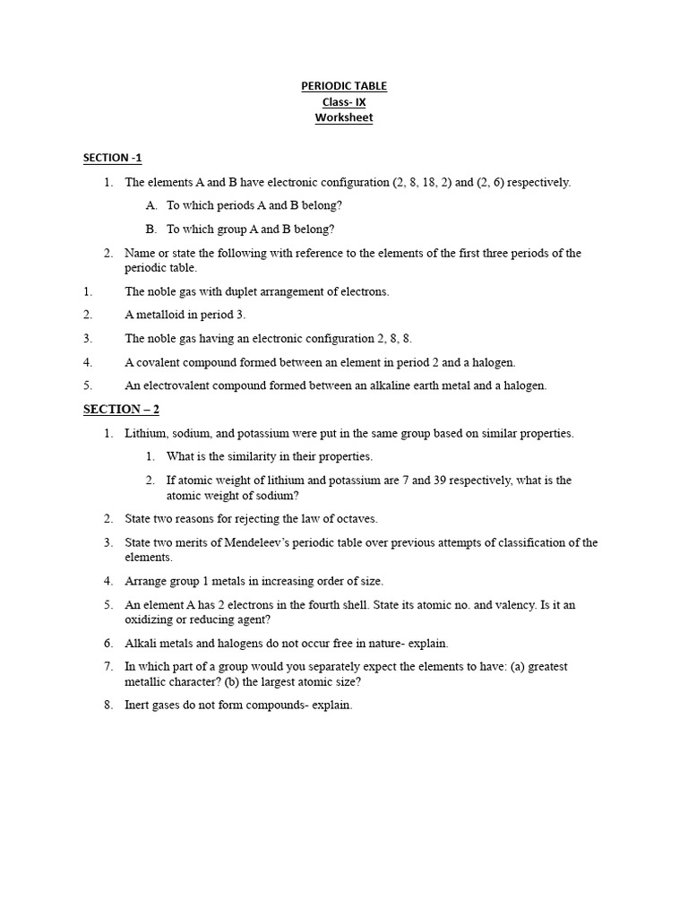 Class 9 Periodic Table Worksheet | PDF