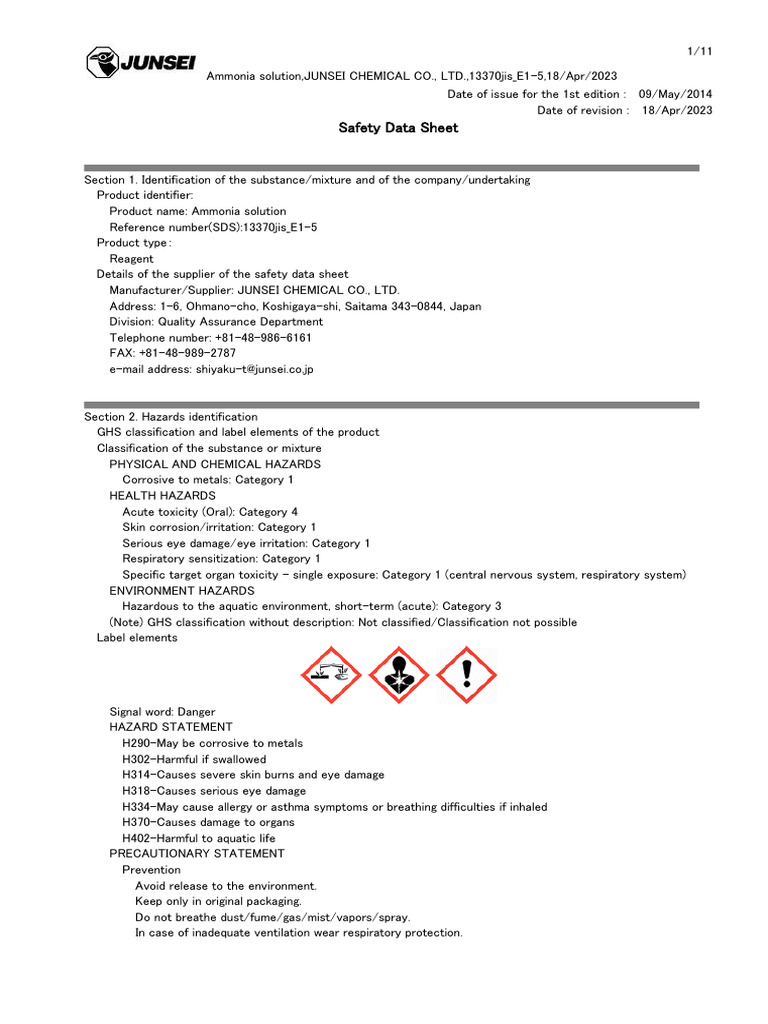 Ammonia Solution Safety Data Sheet | PDF | Firefighting | Safety