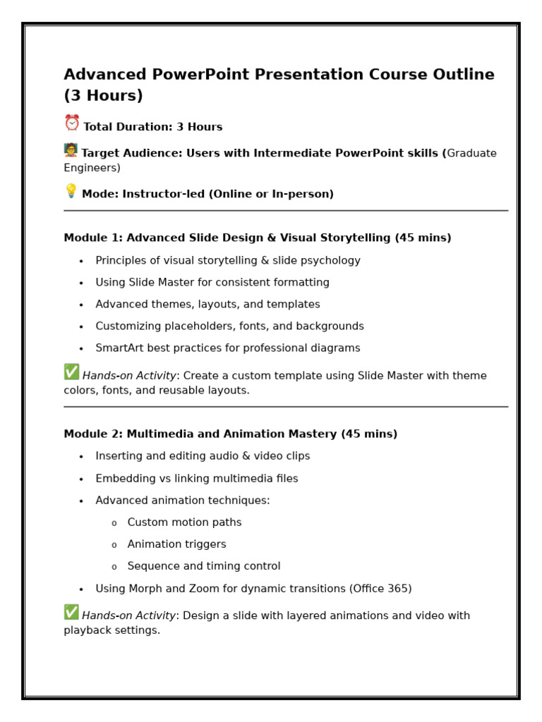 Advanced PowerPoint Presentation Course Outline | PDF | Microsoft Power Point | Multimedia