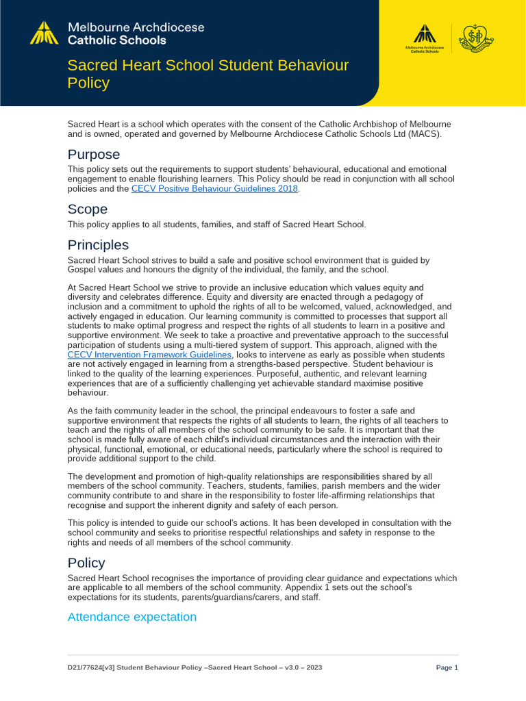 Sacred Heart School Behaviour Policy | PDF | Bullying