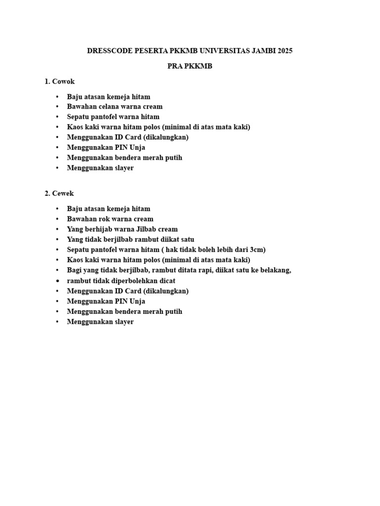 Dresscode Peserta PKKMB Universitas Jambi 2025 Fix | PDF