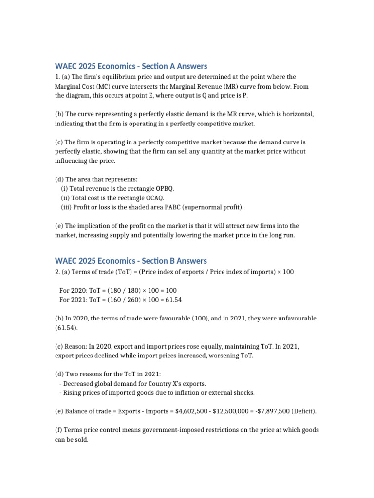 WAEC 2025 Economics Answers Overview | PDF | Profit (Economics) | Demand