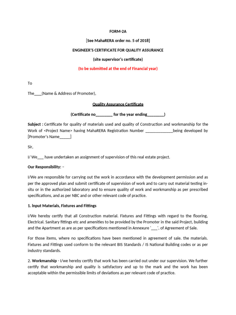 Form 2A - Quality Assurance Certificate New | PDF | Specification ...