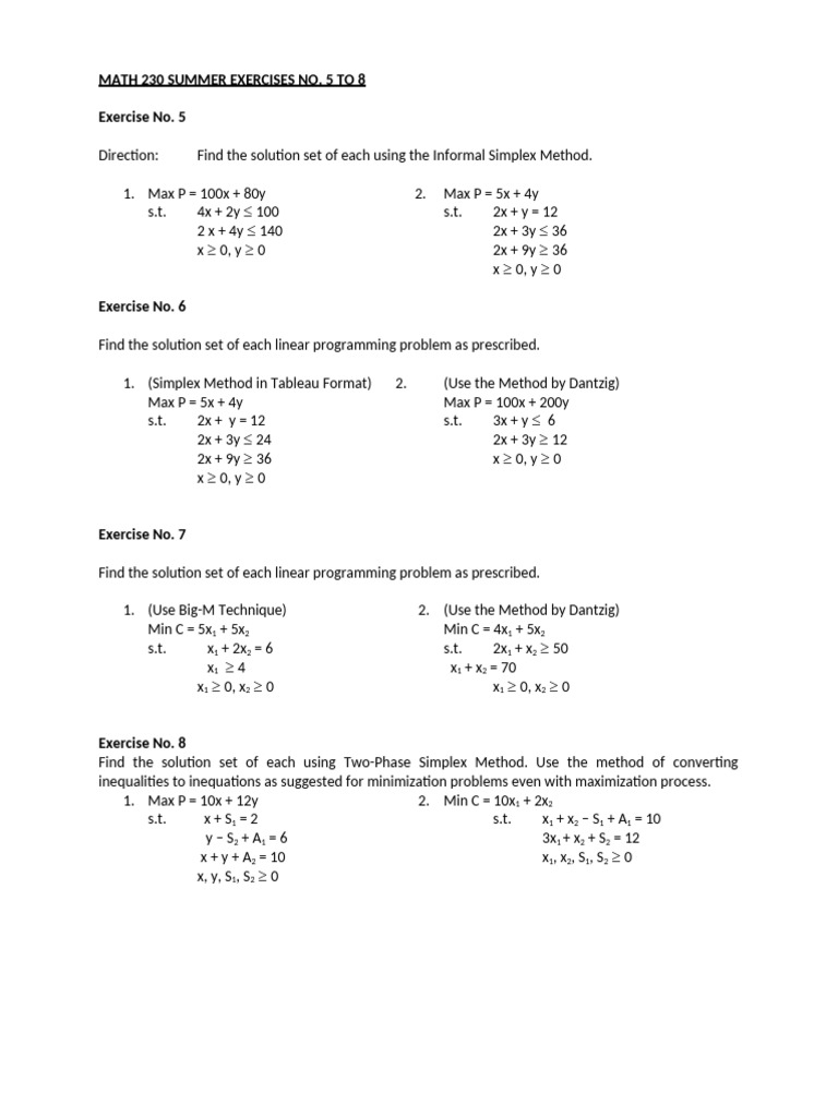 Math 230 Summer Exercises No. 5 To 8 | PDF