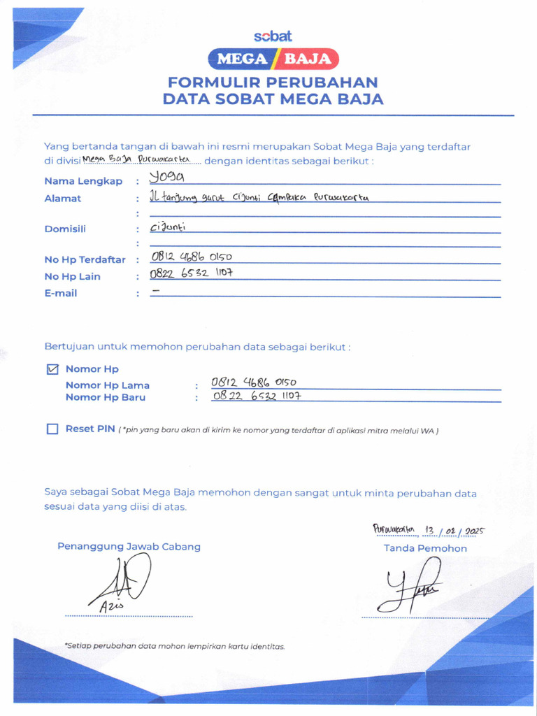 Form Perubahan Data Sobat BP Yoga | PDF