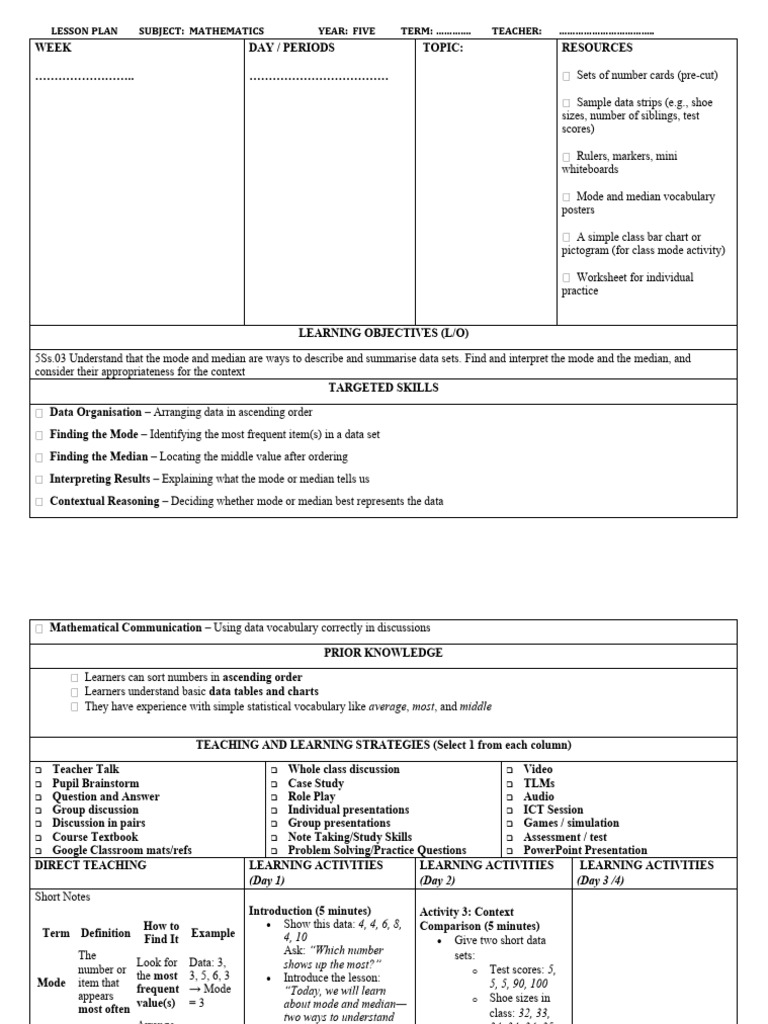 Y5 Math Lesson Plan - Statistics - Mode & Median | PDF | Median | Lesson Plan
