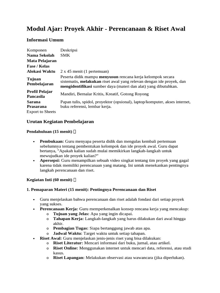 Modul Ajar Proyek Akhir - Perencanaan & Riset Awal | PDF