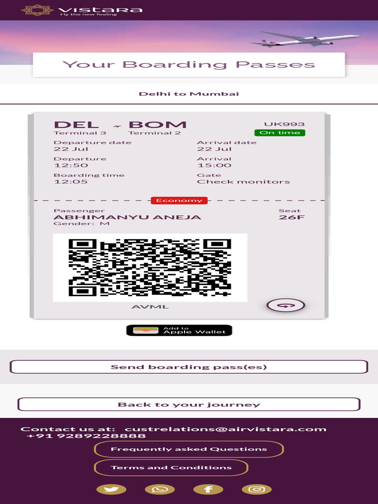 Vistara Check-In - Boarding Pass | PDF