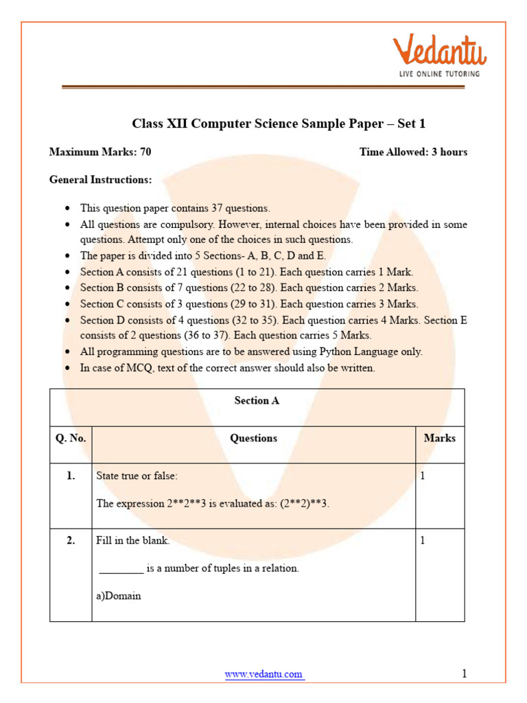 Class XII Computer Science Sample Paper | PDF | Computer Programming ...