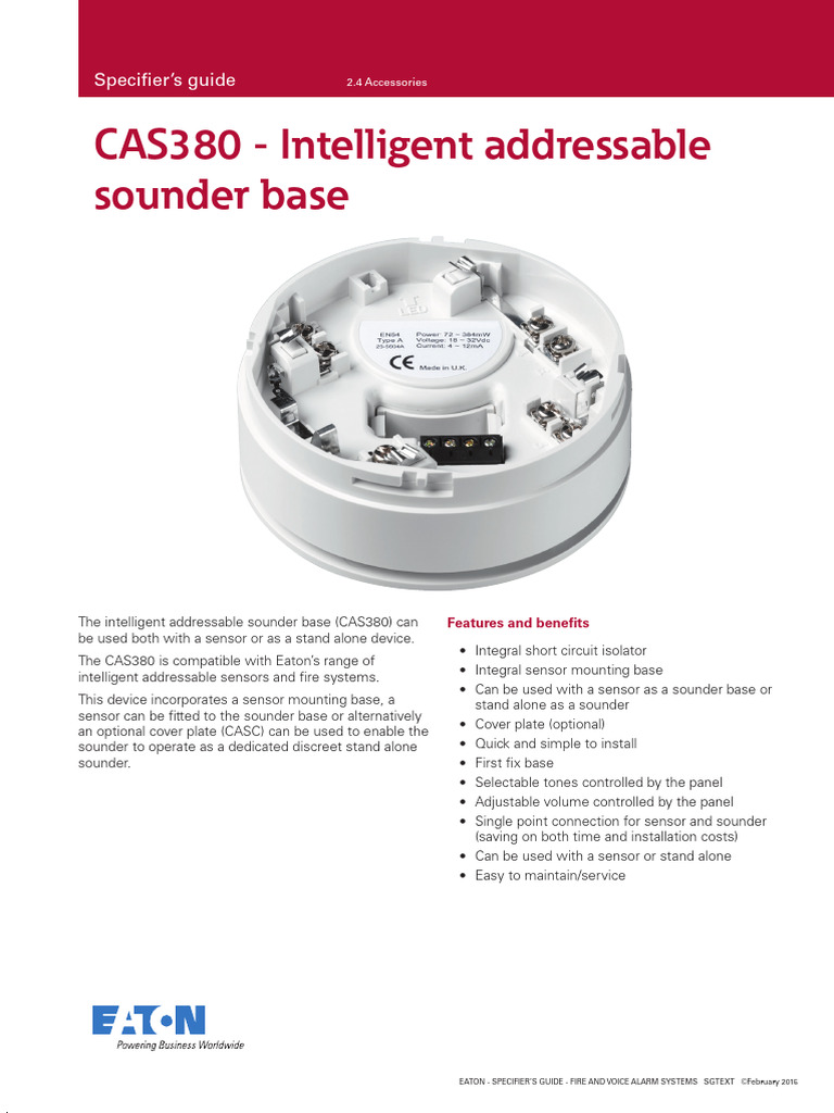 CAS380 Intelligent Sounder Base Guide | PDF | Equipment | Electrical ...