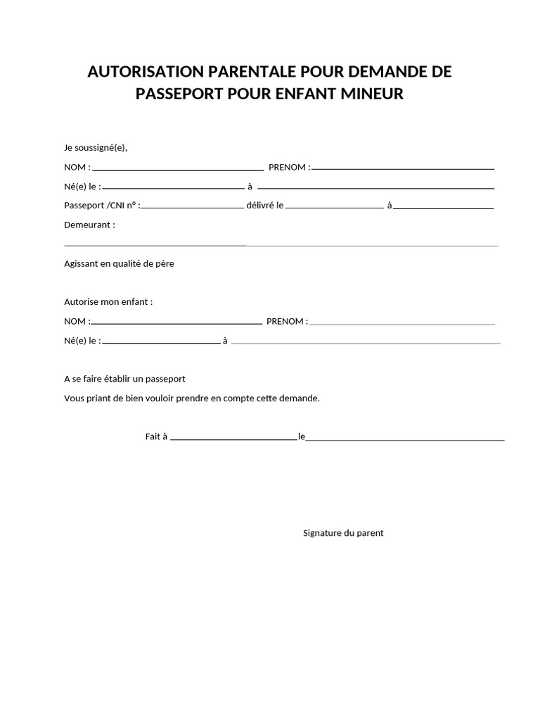 Autorisation parentale pour passeport enfant | PDF