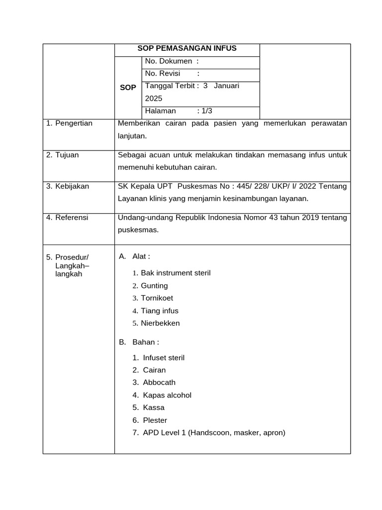 Sop Pemasangan Infus | PDF