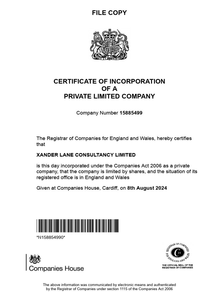Xander Lane Consultancy Incorporation | PDF | Business | Corporations