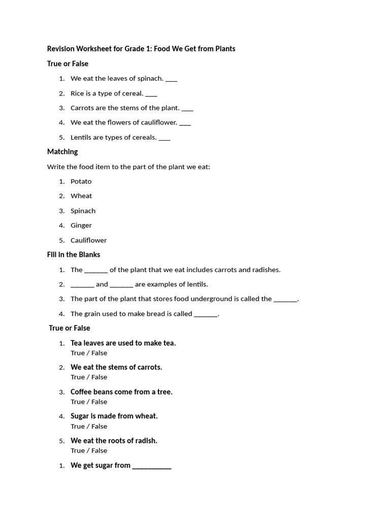 Food from Plants Worksheet for Kids | PDF