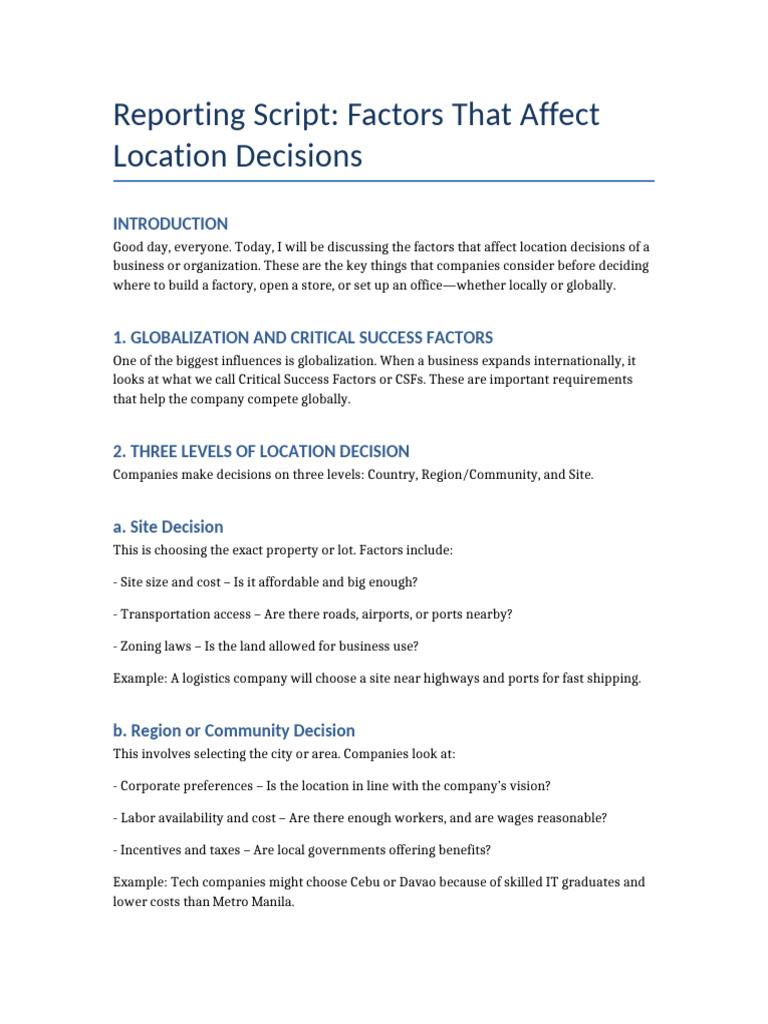 Factors Influencing Business Location Decisions | PDF | Labour ...