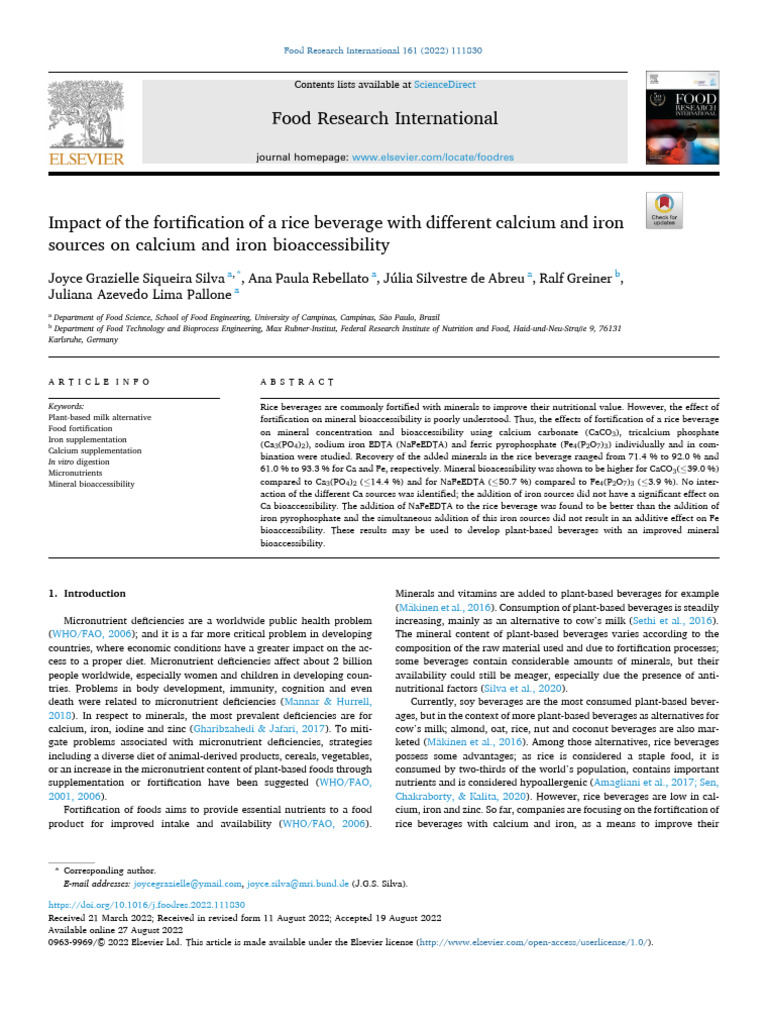 Impact of The Fortification of A Rice Beverage With Different Calcium ...