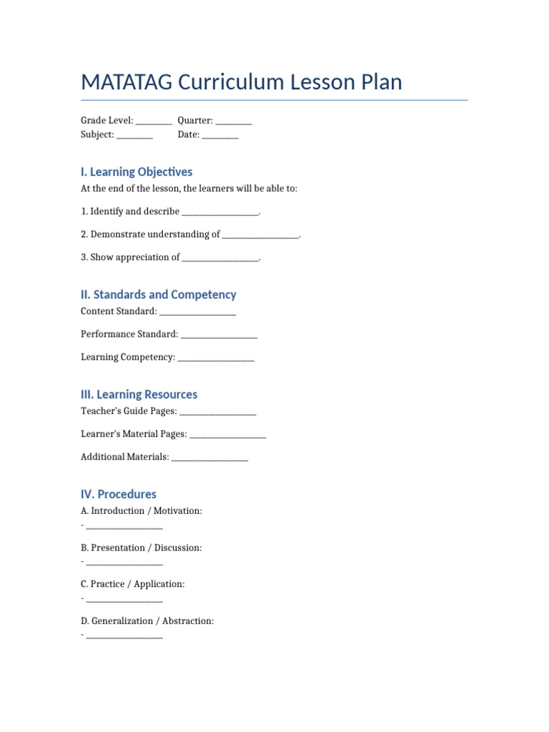MATATAG Curriculum Lesson Plan Template | PDF