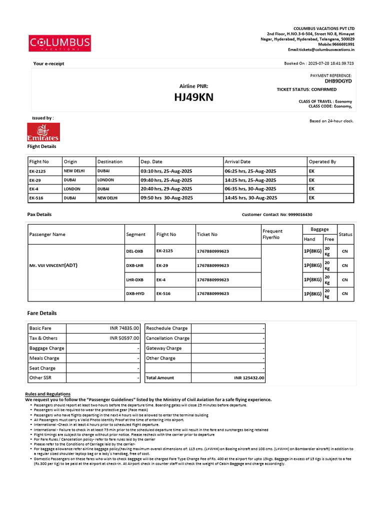 Viji Vincent Flight Itinerary For Visa Purpose | PDF | Aviation | Transport