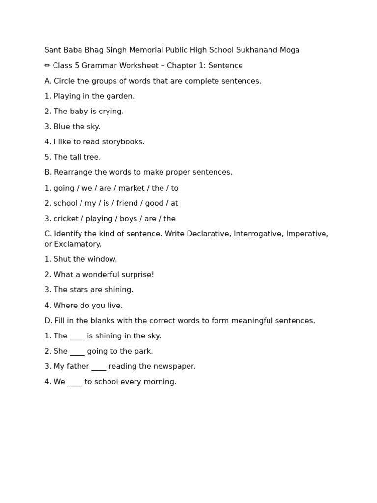 Class 5 English Grammar: Sentences | PDF