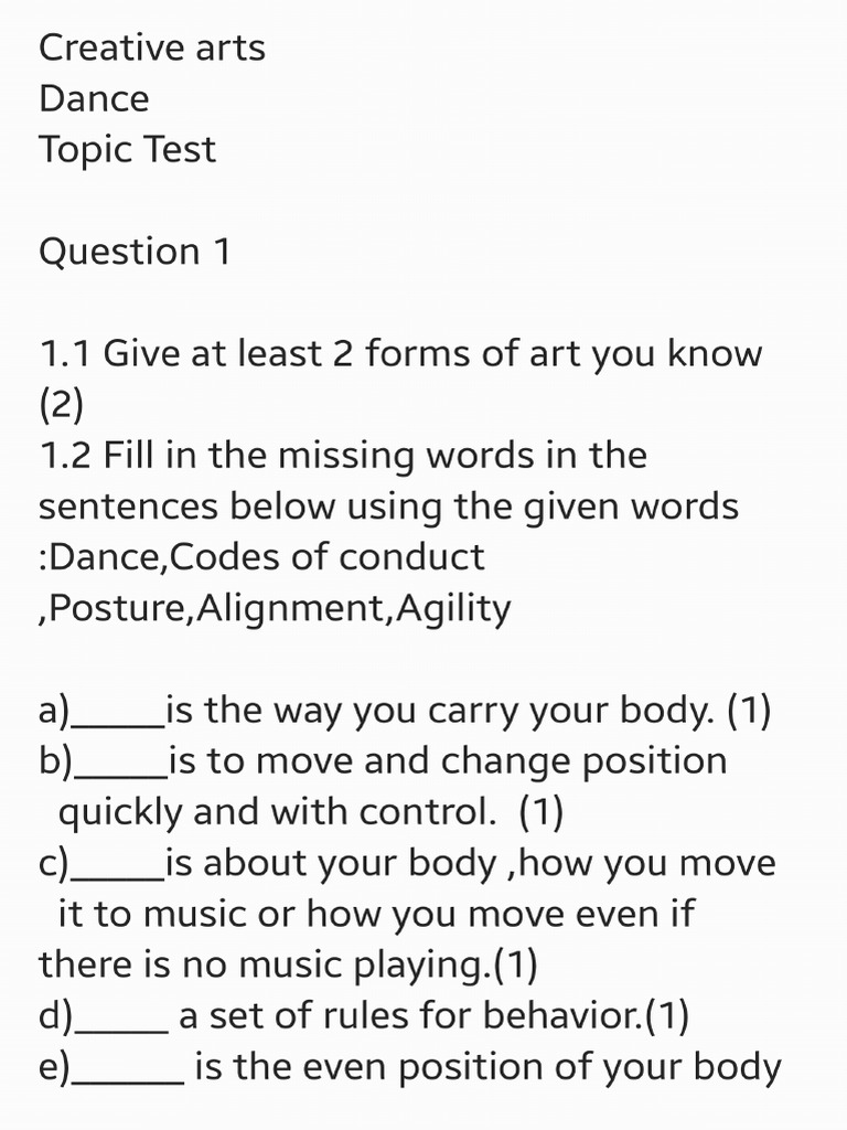 Creative Arts Dance TOPIC TEST | PDF