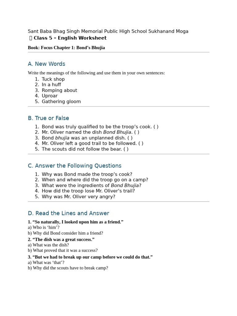 Class 5 English Worksheet: Bond's Bhujia | PDF
