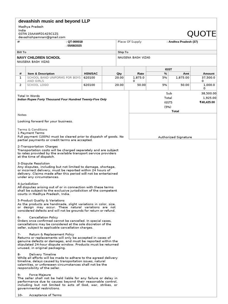 School Uniform Quotation for Navy School | PDF | Business Law | Common Law