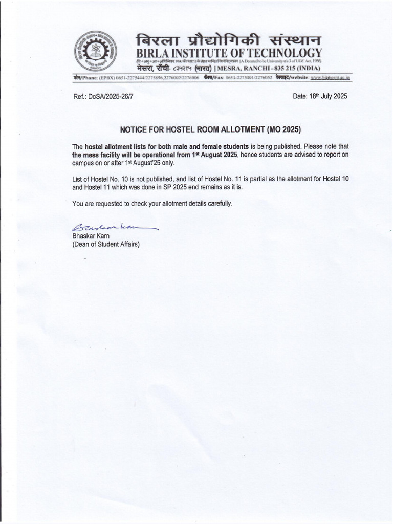 Hostel Allotment - MO 2025 | PDF