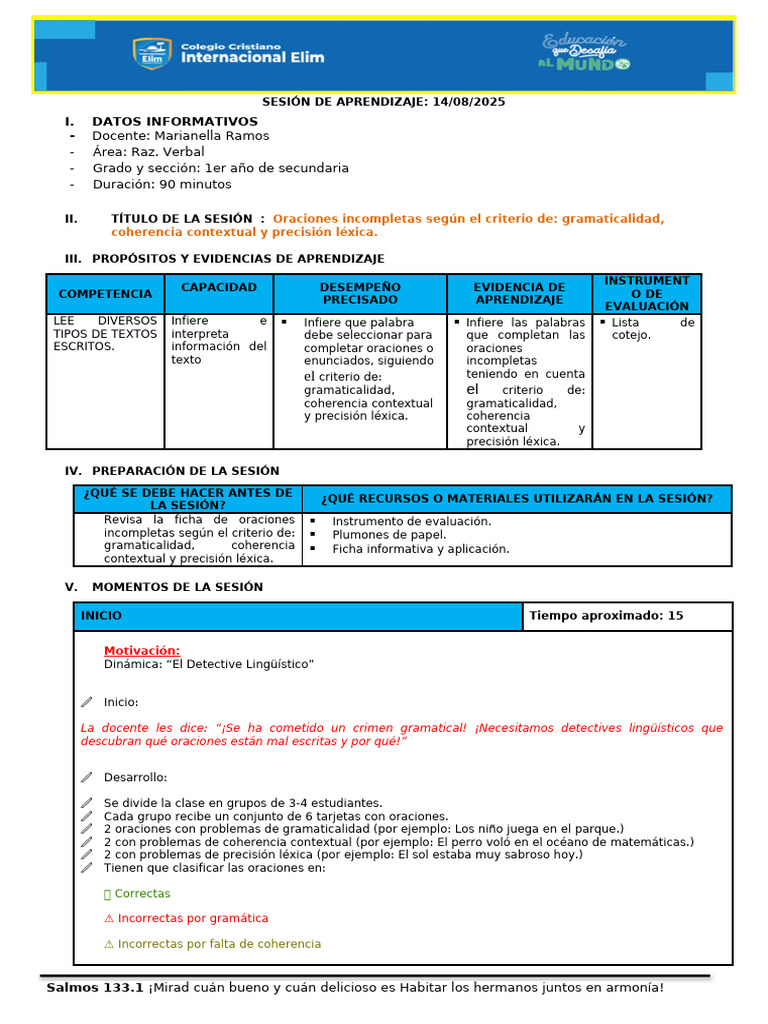 SESION Raz Verbal - Oraciones Incompletas - 1er Año Sec | PDF | Metacognición | Aprendizaje