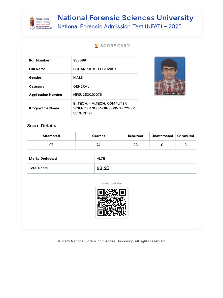 NFAT 2025 Score Card for Rohan Dodwad | PDF