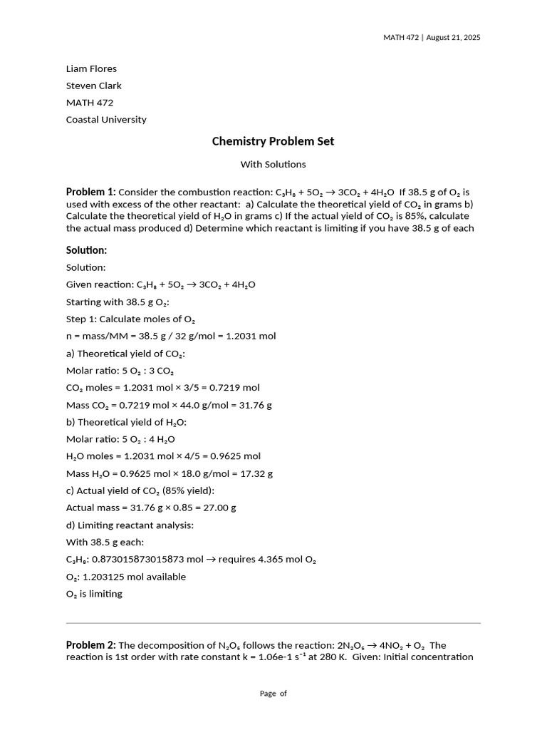 Chemistry Problem Set with Solutions | PDF | Ph | Buffer Solution