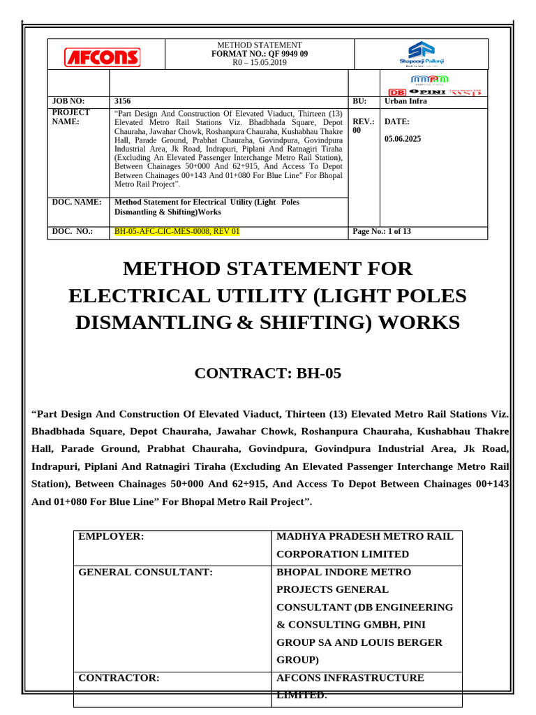 Electrical Utility (Light Poles Dismantaling & Shifting) Work MS | PDF | Rapid Transit