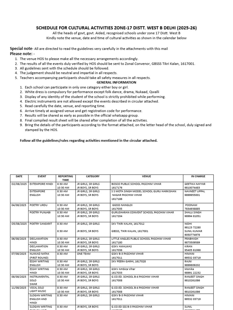 Delhi Zonal Cultural Competition 2025-26 | PDF