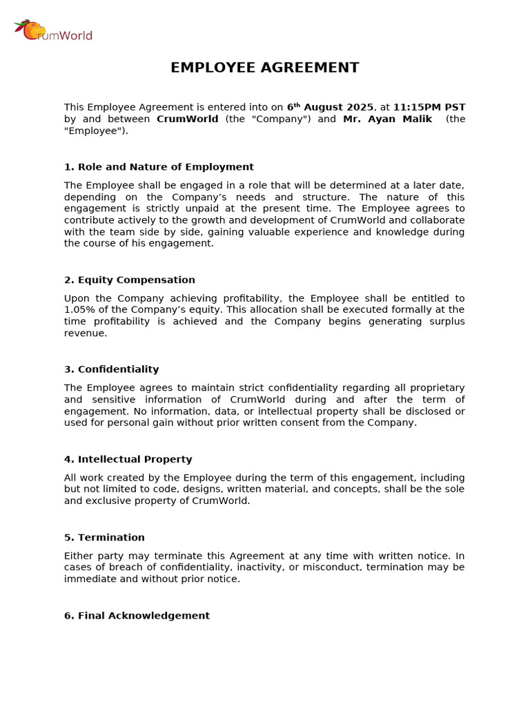 Employee Agreement - Ayan Malik | PDF